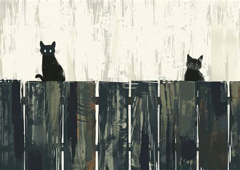단순한 만화 이미지 나무 울타리에 그려진 고양이의 어린이 그림 흰색 페인트 나무 질감 네거티브 스페이스 데이터 모싱 글리치 효과