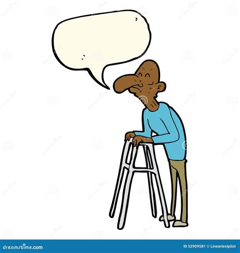 Cartoon Old Man With Walking Frame With Speech Bubble Stock