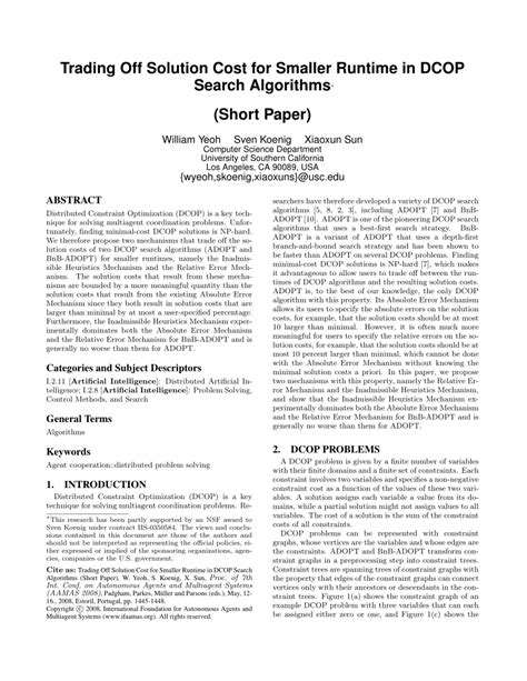 pdf trading off solution cost for smaller runtime in dcop search algorithms