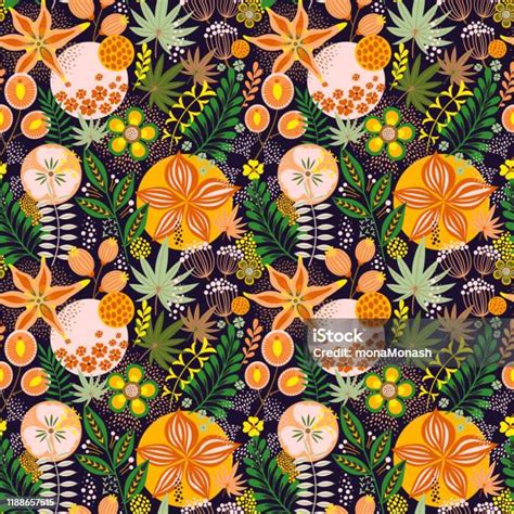 블랙에 꽃 무음 패턴 꽃과 잎추상 벡터 배경입니다 내츄럴 한 밝은 디자인 가을에 대한 스톡 벡터 아트 및 기타 이미지 가을 검은색 계절 Istock