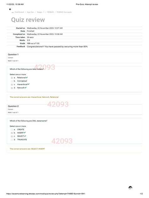 Pre Quiz Attempt Review Pdf Relational Database Relational Model