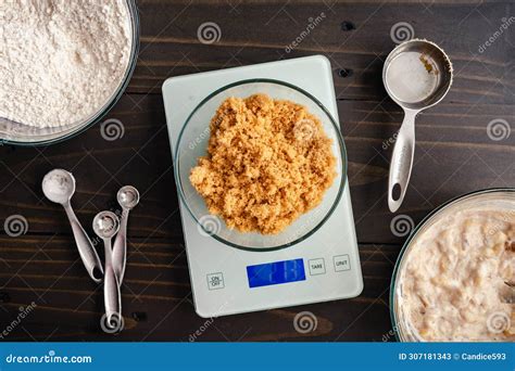 Weighing Light Brown Sugar On A Kitchen Scale Stock Image Image Of