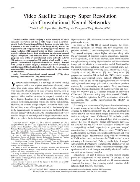 Pdf Video Satellite Imagery Super Resolution Via Convolutional Neural