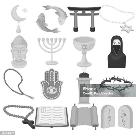 디자인에 대 한 설정된 컬렉션에 흑백 아이콘 종교와 믿음 액세서리 기도 벡터 기호 재고 웹 일러스트 레이 션입니다 개인 장식품에 대한 스톡 벡터 아트 및 기타 이미지