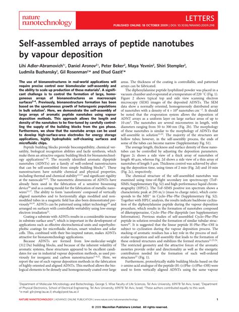 Pdf Self Assembled Arrays Of Peptide Nanotubes By Vapour Deposition