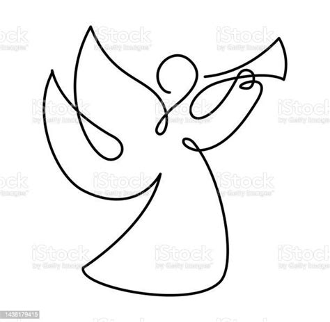 트럼펫이있는 간단한 벡터 크리스마스 천사 연속 선 그리기 옷 및 로고 디자인 인쇄 엠블럼 또는 실루엣 한 줄 고립 된 추상 일러스트 레이 션 건강한 생활방식에 대한 스톡