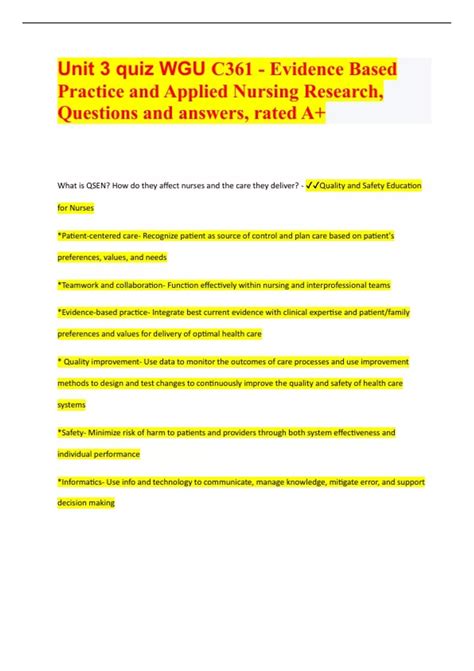 Unit 3 Quiz WGU C361 Evidence Based Practice And Applied Nursing Research Questions And