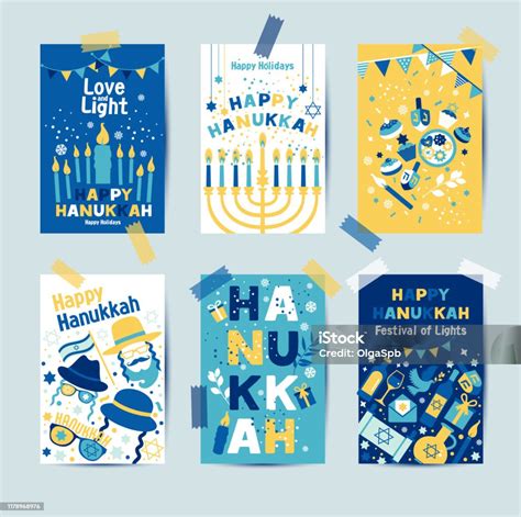 색상 6 하누카 인사말 카드 촛불 드레이델 유대인 스타 오일 메노라 도넛 컵 케이크 색종이 편지 의 집합 빛의 축제 초대 유대인