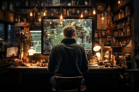Premium Photo Man Sitting At Desk Working On Computer