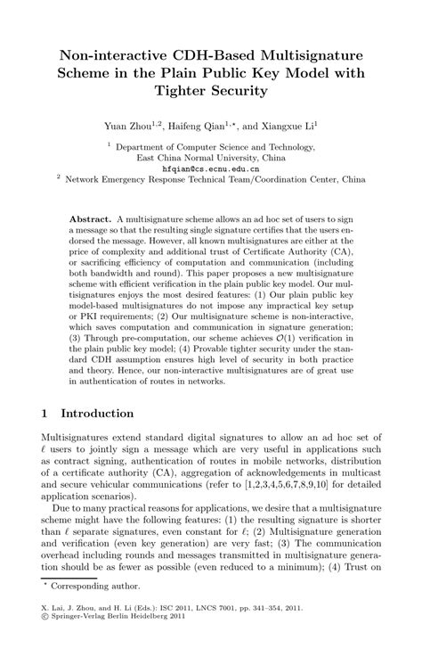Pdf Non Interactive Cdh Based Multisignature Scheme In The Plain