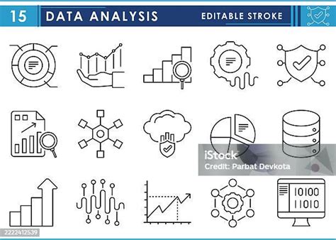 데이터 분석과 관련된 선 아이콘 집합입니다 데이터 디지털 보안 물리적 통계 히스토그램 그래프 파동 기어 클라우드 바이너리 등 벡터 편집 가능한 획 0명에 대한 스톡 벡터