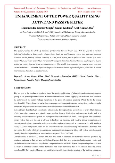 Pdf Enhancement Of The Power Quality Using Active And Passive Filter