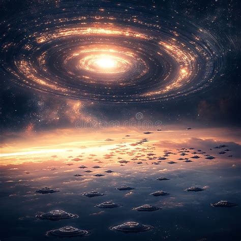 Fleet Of Alien Spacecraft Launching From A Massive Space Station Stock