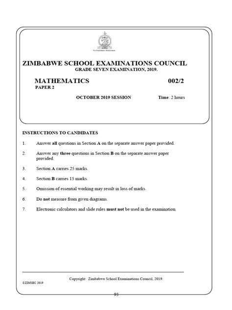Zimsec Grade 7 Mathematics October 2019 Past Exam Question Paper 2