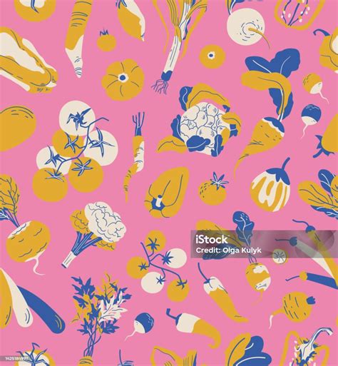 분홍색 배경에 야채 원활한 패턴 농민 시장 비건 메뉴를위한 평평한 다채로운 배경 신선한 여름 가을 인쇄 디자인의 귀여운 채소 부엌 직물 10월에 대한 스톡 벡터 아트 및