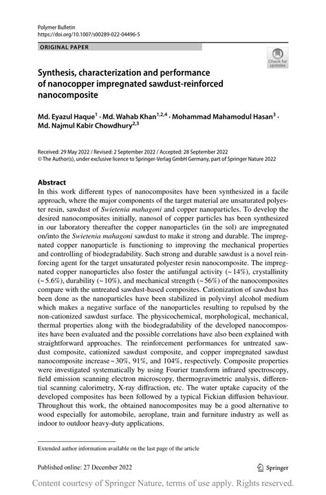 Synthesis Characterization And Performance Of Nanocopper Impregnated