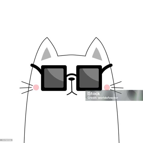 사각형 선글라스 안경을 쓴 고양이 검은색 등고선 윤곽선 귀여운 만화 카와이 재미있는 캐릭터 안경에 새끼 고양이입니다 흰색 배경입니다 평면 디자인 벡터에 대한 스톡 벡터 아트