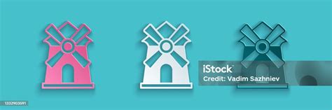 파란색 배경에 격리 된 풍차 아이콘을 잘라 용지 종이 아트 스타일 벡터 0명에 대한 스톡 벡터 아트 및 기타 이미지 0명 3차원 형태 고풍스런 Istock