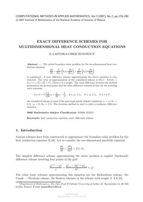 Pdf Exact Difference Schemes For Multidimensional Heat Conduction Equations