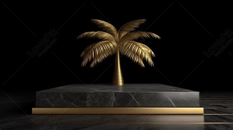 황금종려로 장식된 검정색 배경 돌 연단의 3d 렌더링 연단 배경 결석 배경 진열대 배경 이미지 Hd 연단 결석 진열대 배경 사진 무료 다운로드 Lovepik