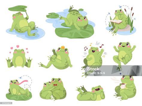 울부짖는 개구리 만화 개구리 또는 두꺼비 재미 귀여운 캐릭터 늪 개구리 홉 포즈 개구리 연못 만화 마스코트 세트 녹색 두꺼비 수생 수륙 양용 혀 호화로운 벡터 일러스트 레이