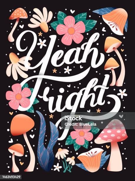 예 꽃이있는 오른쪽 글자 카드 타이포그래피 꽃 장식 및 어두운 배경에 버섯 화려한 축제 벡터 그림입니다 0명에 대한 스톡 벡터 아트 및 기타 이미지 Istock