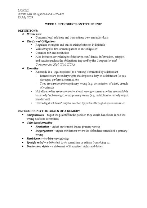 Law262 Week 1 Lecture Private Law Obligations And Remedies 23 July