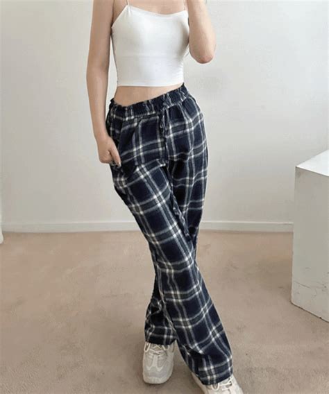 New 힙무드 유니크 네오 롱 체크 밴딩 팬츠 캐주얼 데일리 홈웨어 에이블리