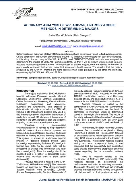 Pdf Accuracy Analysis Of Wp Ahp Wp Entropy Topsis Methods In Determining Majors