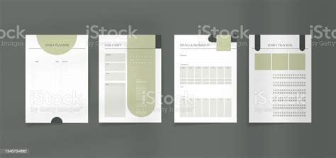 건강한 습관 식사 및 피트니스 플래너 주간 일정 운동 추적기 습관 추적기에 대한 일일 및 주간 플래너를위한 벡터 템플릿 트렌디 한 디자인을위한 벡터 템플릿 그림자 오버레이