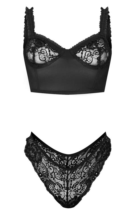 Black Frill Underwired Bra Thong Lingerie Set Prettylittlething Qa