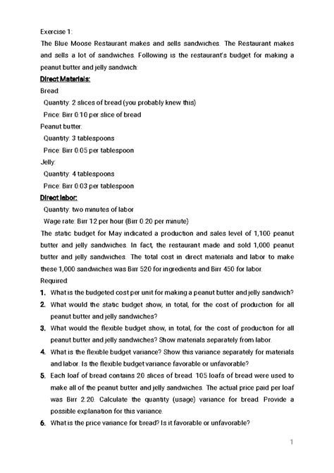 Cost Ll Excercise With Solution C3 Exercise 1 Thebluemooserestaurantmakesandsellssandwiches
