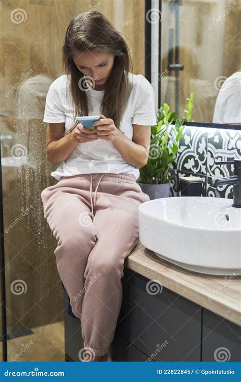 Woman Checking Label Of Cosmetic Stock Image Image Of Label Domestic