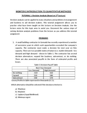 Formulation Of LPPs MGMT INTRODUCTION TO QUANTITATIVE METHODS TUTORIAL FORMULATING
