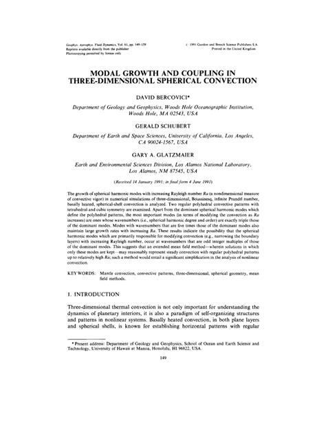 Pdf Modal Growth And Coupling In Three Dimensional Spherical Convection