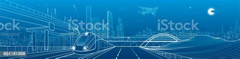 자동차 고속도로 인프라 및 교통 파노라마 비행기 비행 다리 기관차 타기 밤 도시 타워와 고층 빌딩 도시 현장 벡터 디자인 아트에 기차 이동 0명에 대한 스톡 벡터 아트 및
