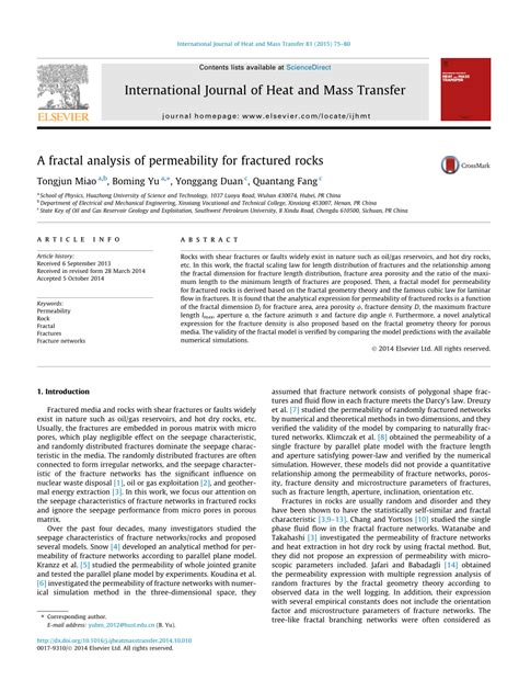 Pdf A Fractal Analysis Of Permeability For Fractured Rocks
