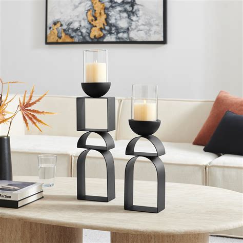 Ivy Bronx Black Modern Geometric Pedestal Tabletop Hurricane Candle