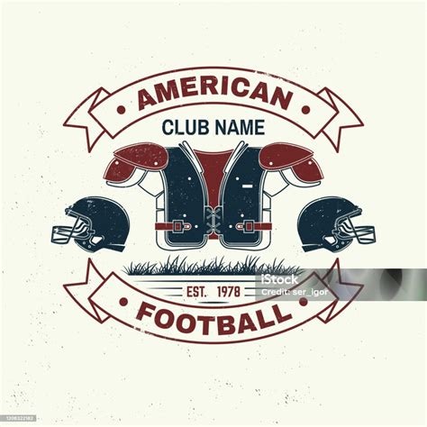 미식 축구 또는 럭비 클럽 배지 벡터 셔츠 로고 프린트 스탬프 티 패치에 대 한 컨셉 미식 축구 헬멧 잔디와 어깨 패드 실루엣 빈티지 타이포그래피 디자인