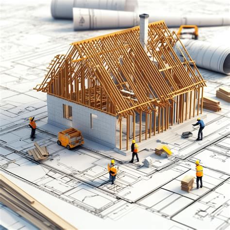 house construction blueprint with workers and materials in daylight architectural design