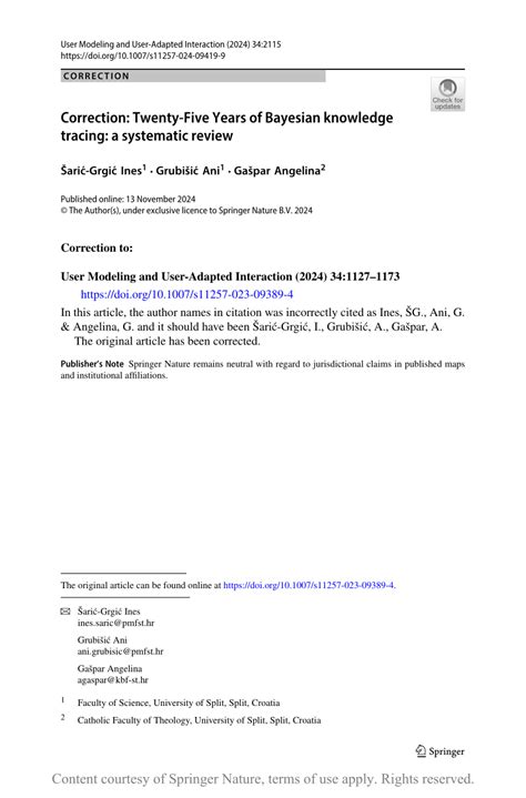 Correction Twenty Five Years Of Bayesian Knowledge Tracing A Systematic Review