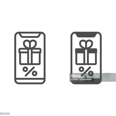 할인 상자 라인과 단색 아이콘이 있는 스마트폰 온라인 쇼핑 컨셉 벡터 그래픽 전화 화면 온라인 상점 흰색 배경에 간판 모바일 또는 웹 디자인을위한 개요 스타일 아이콘