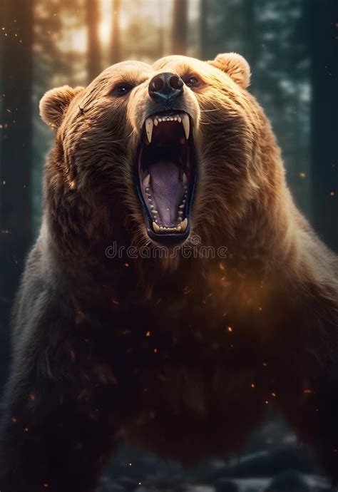 Bokeh Portrait Of An Angry Bear In The Background Of A Dark Forest