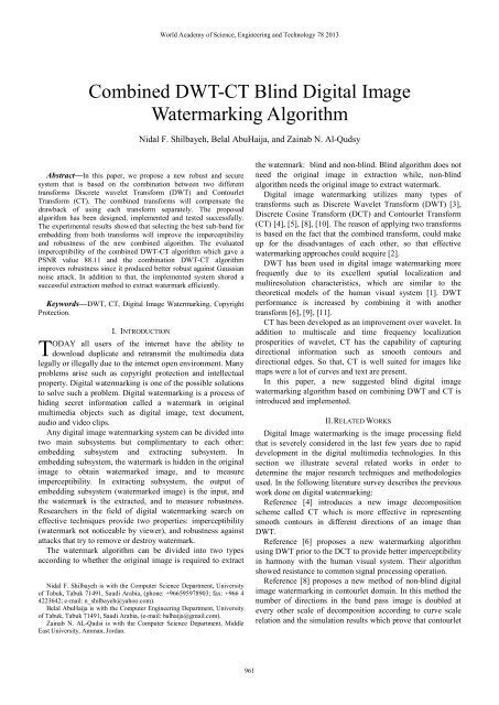 Combined Dwt Ct Blind Digital Image Watermarking Algorithm
