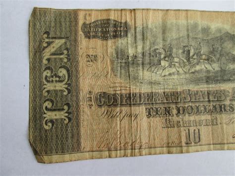 Original Confederate States Of America 10 Dollar Confederate Currency