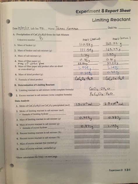 Solved Experiment 8 Report Sheet Limiting Reactant Date Loze Tz Lob 1 Answer Transtutors