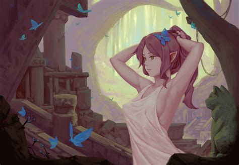 Rule 34 Bigrbear Breasts Brown Eyes Detailed Background Dress Elf Female Female Only Forest