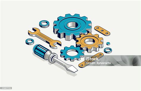 기계 공학 개념 3d 등각 투영 벡터 일러스트레이션의 기어 및 도구 톱니 바퀴 및 톱니 바퀴 시스템 기술 및 기술이 진행