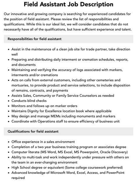 Field Assistant Job Description Velvet Jobs