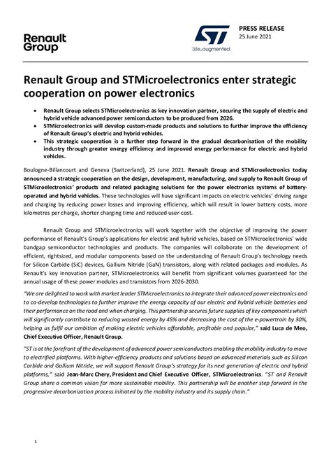 Renault Group And Stmicroelectronics Enter Strategic Cooperation On Power Electronics Site